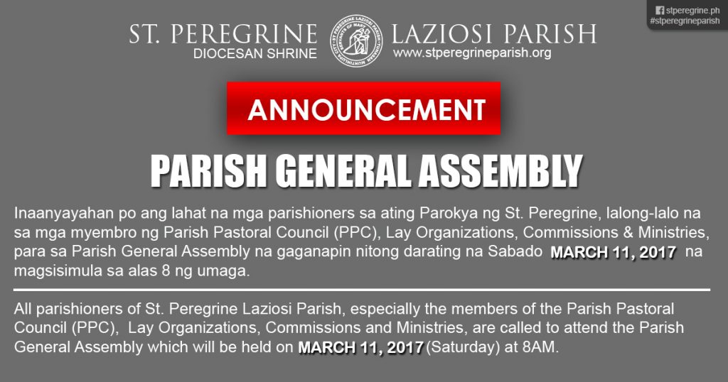 Parish General Assembly March 11, 2017 St. Peregrine Laziosi Parish ...